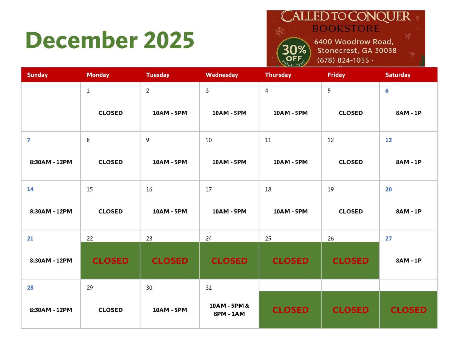 Called to Conquer Holiday Hours - NEW BIRTH